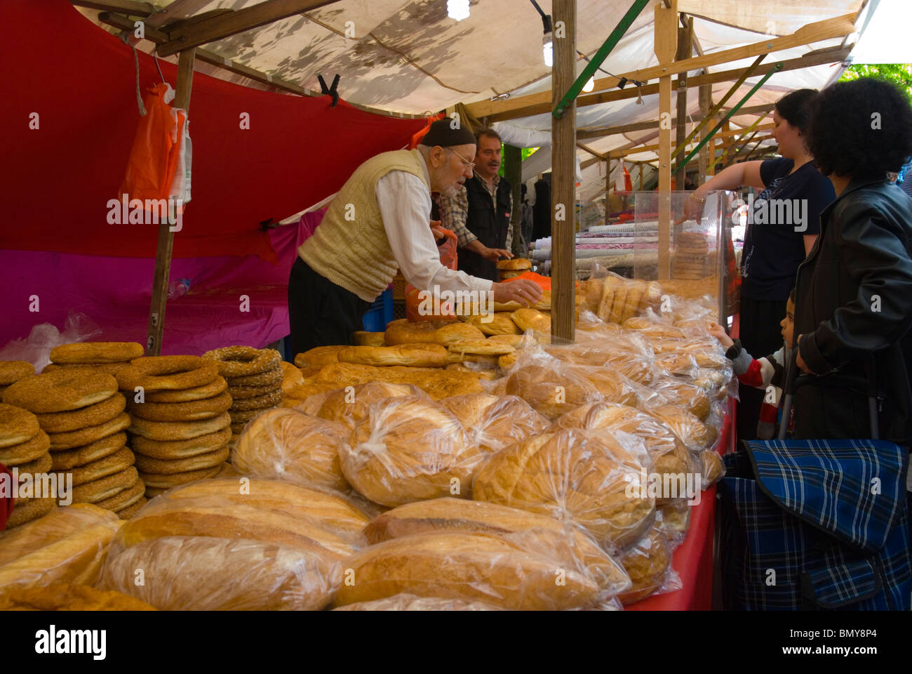 Stall selling Turkish breads Türkenmarkt the Turkish market Kreuzberg ...
