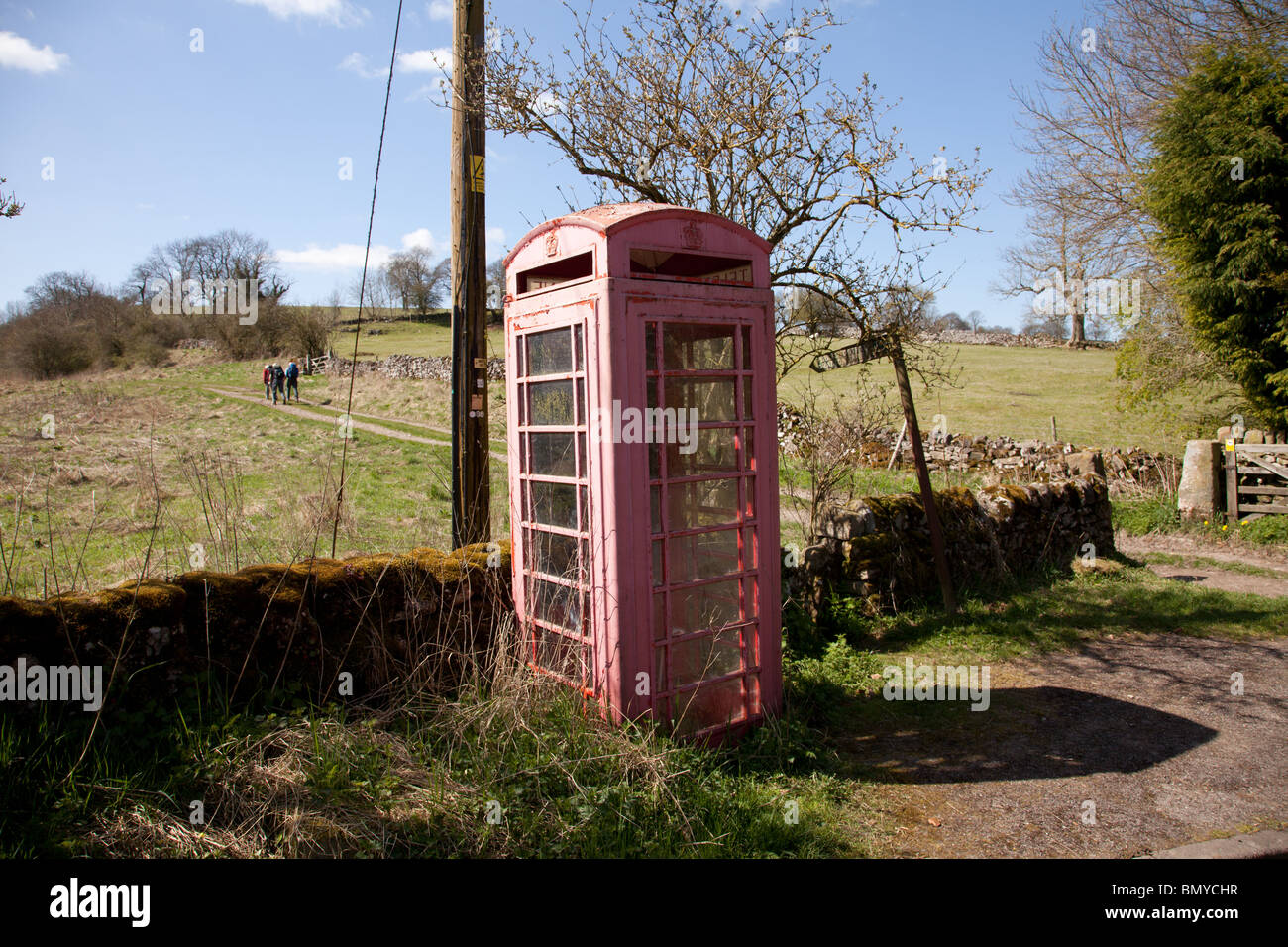 An old red telephone box near Gratton Dale, a limestone valley in the ...