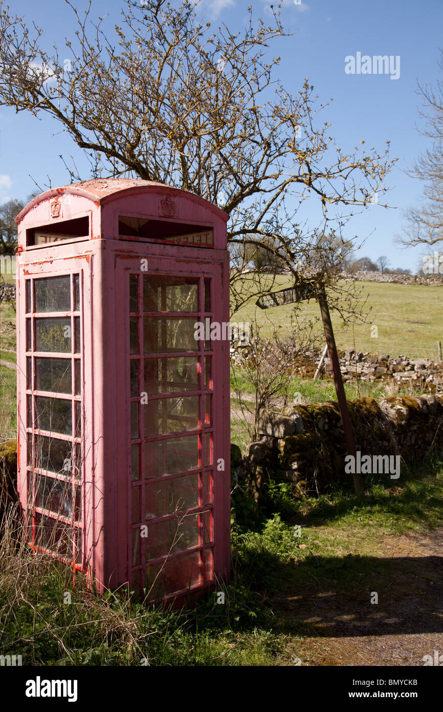 An old red telephone box near Gratton Dale, a limestone valley in the ...