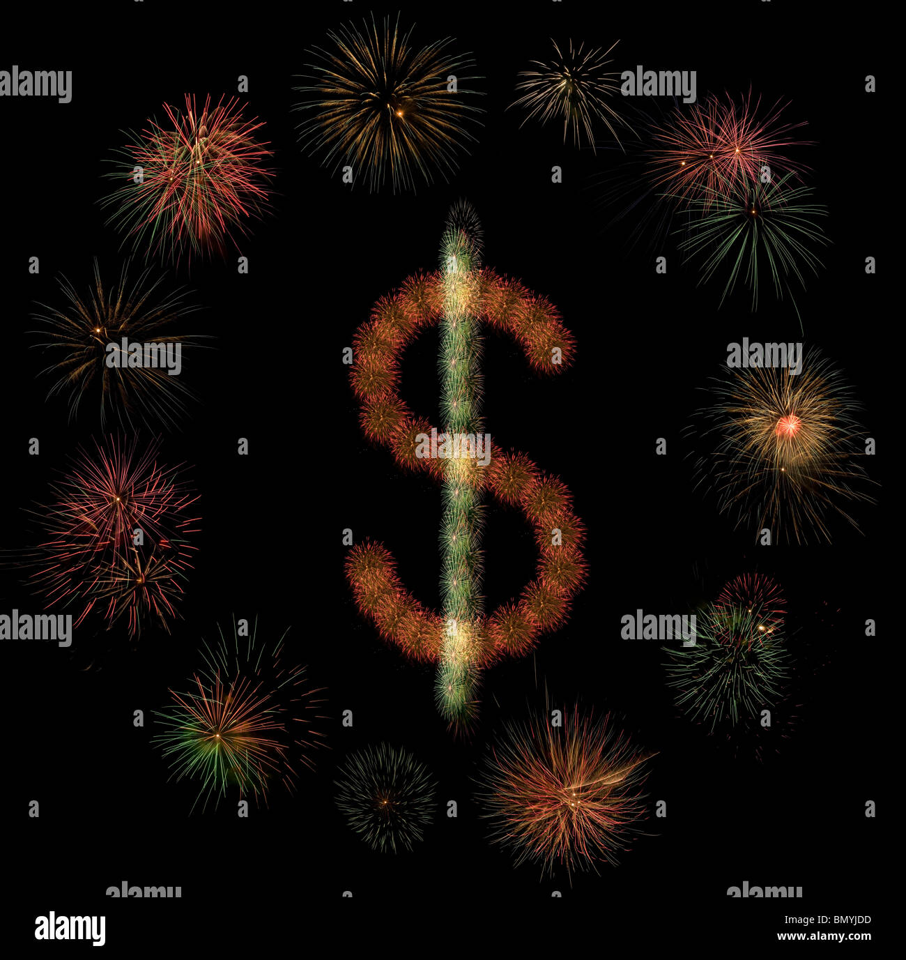 Dollar sign inside a circle made of fireworks shots on black background ...