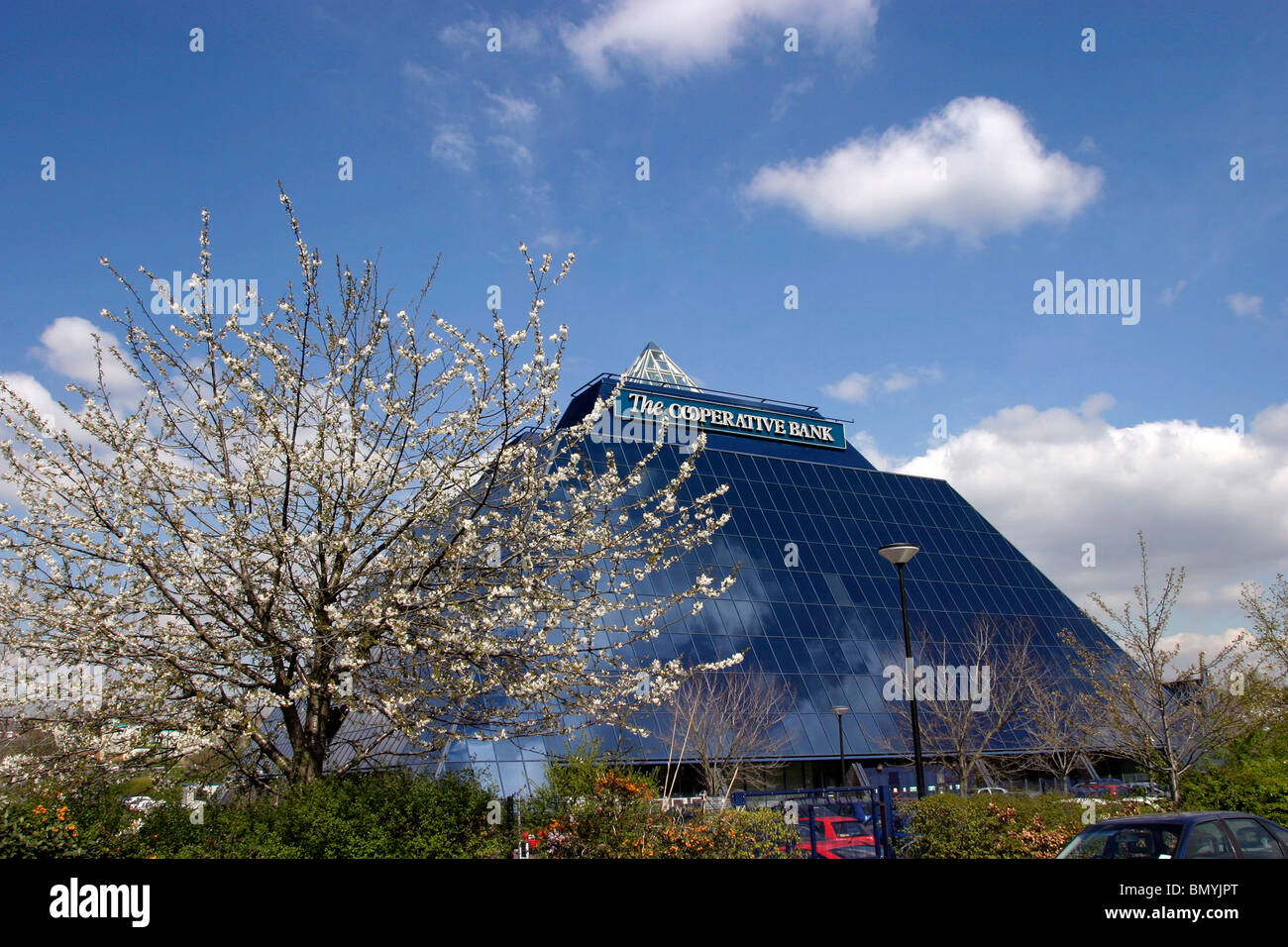 UK, England, Cheshire, Stockport, Co-Operative Bank pyramid at spring ...