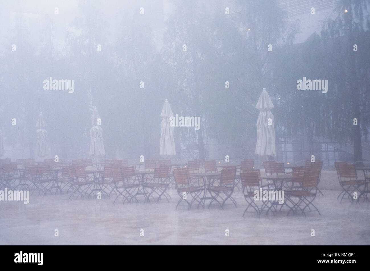 tables and chairs rain courtyard at Getty Museum in Los Angeles ...