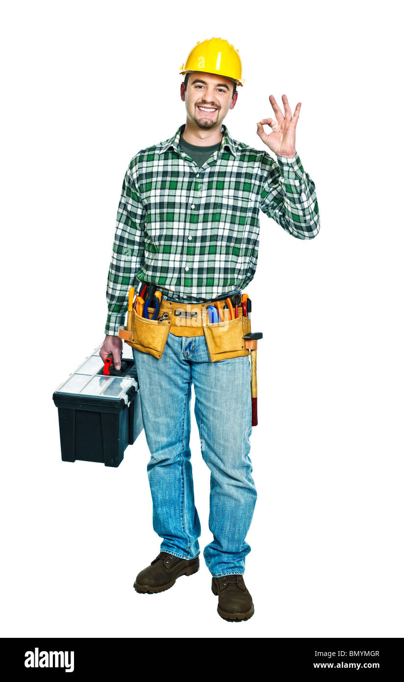 standing handyman with toolbox smile isolated on white Stock Photo - Alamy