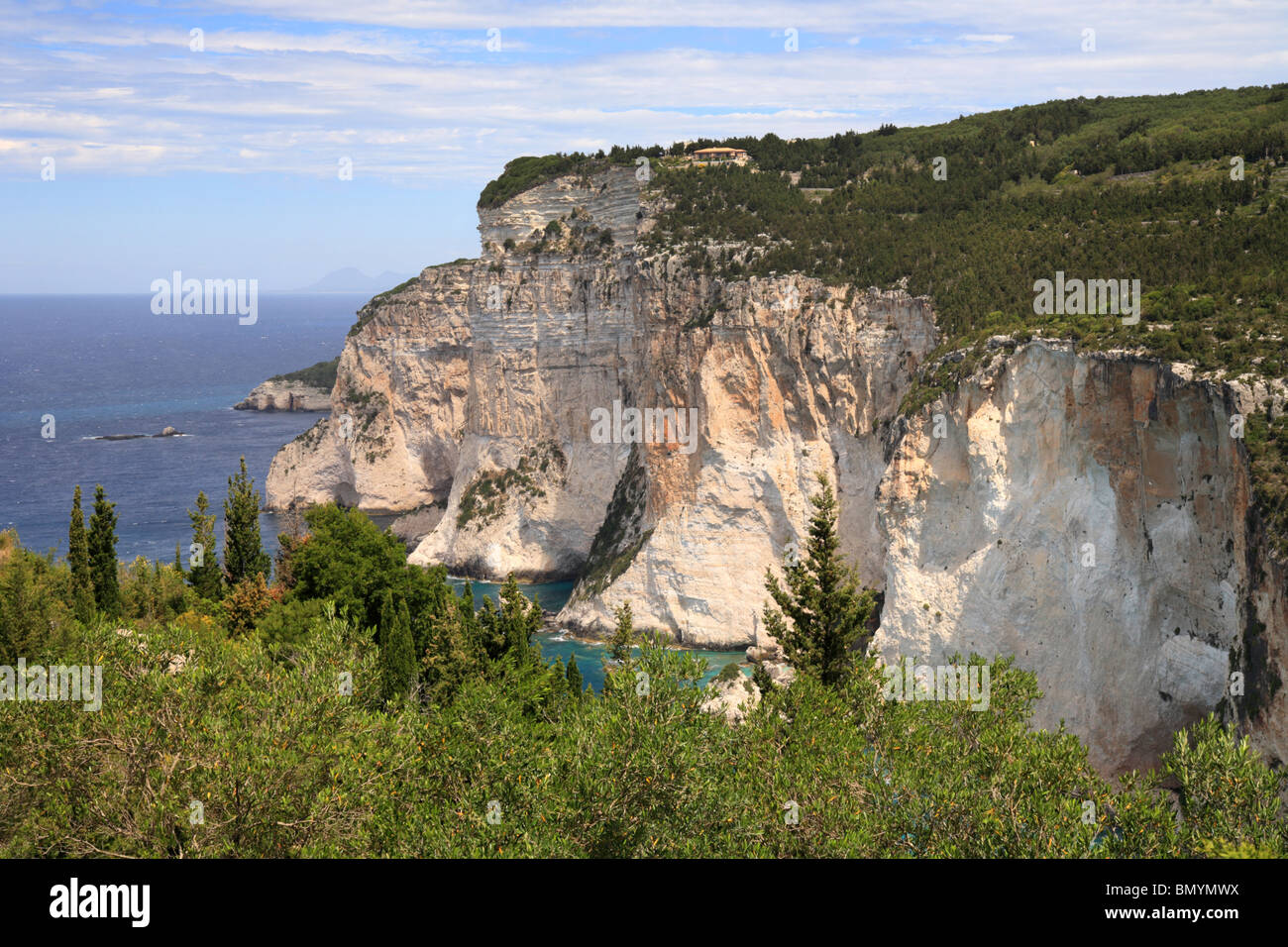 Erimitis chalk cliffs on the west coast of the small island of Paxos ...
