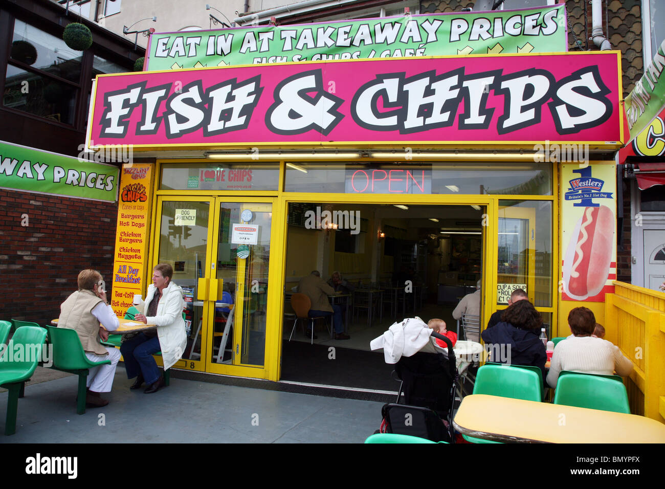 Fish and chip shop on the High Street in the seaside town of Skegness ...