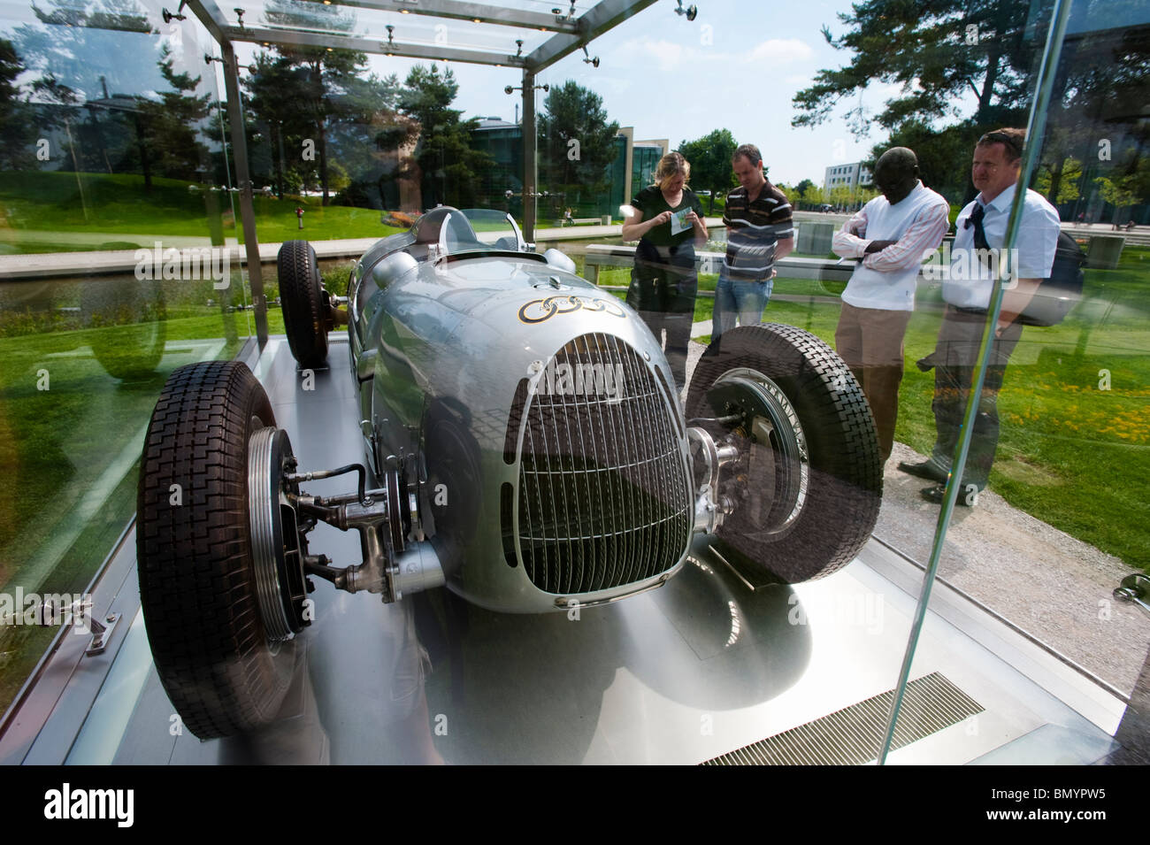 Antique Audi racing car in glass display case at Volkswagen Autostadt ...