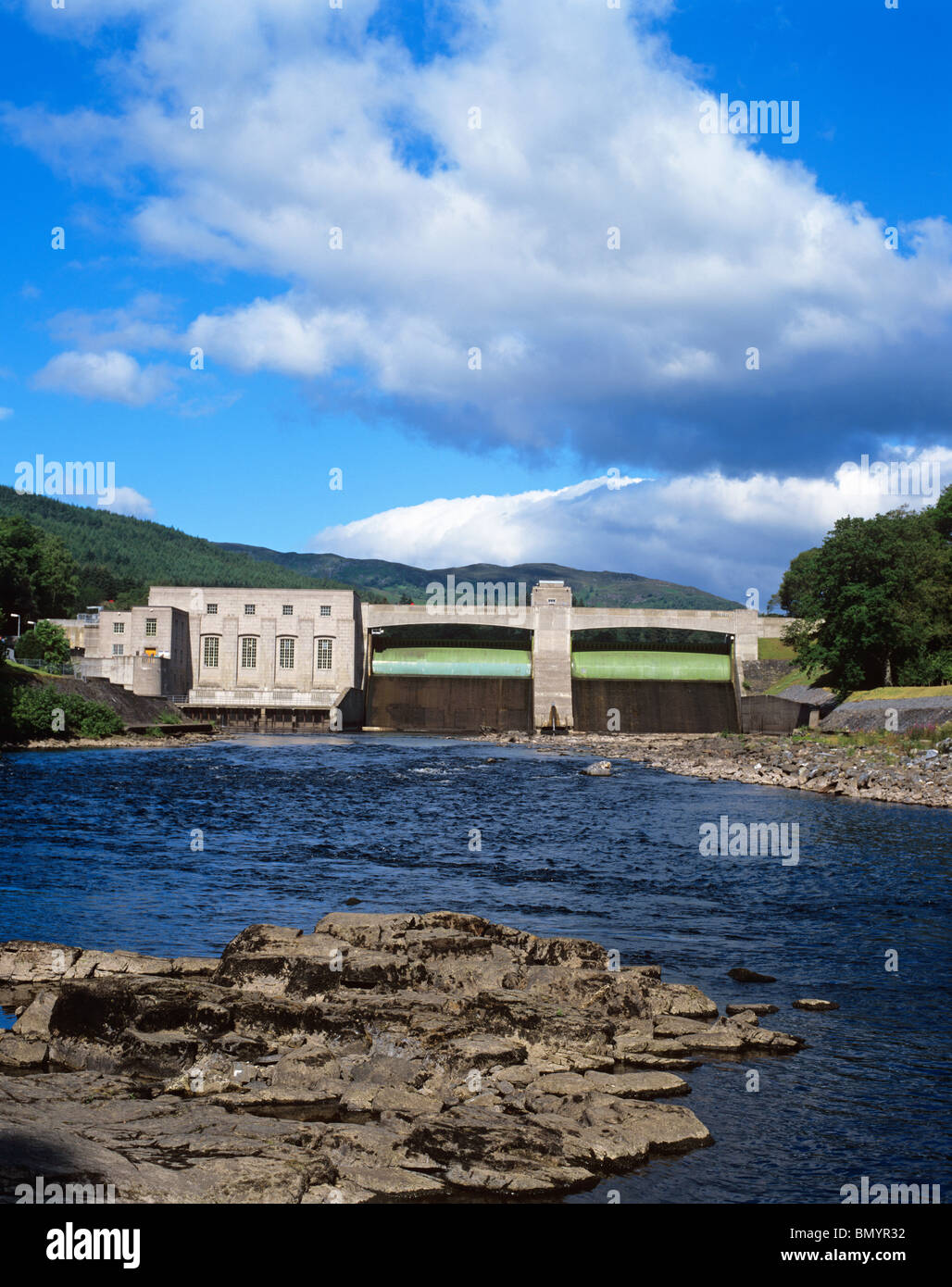 View of the Hydro Electric Dam and fish ladder on the River Tummel at ...