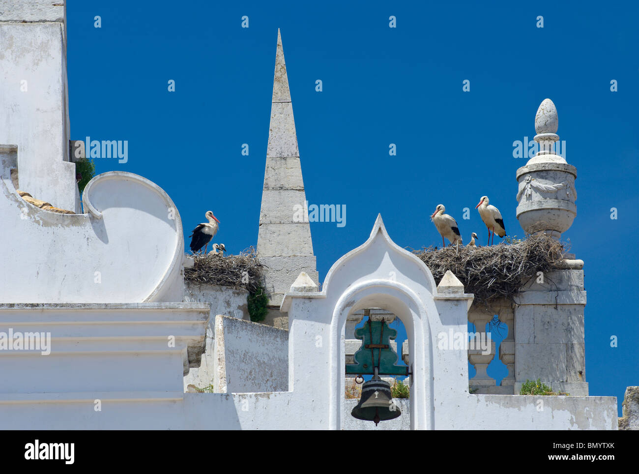 Portugal, the Algarve, Faro, Storks' nests on the Arco da Vila bell ...