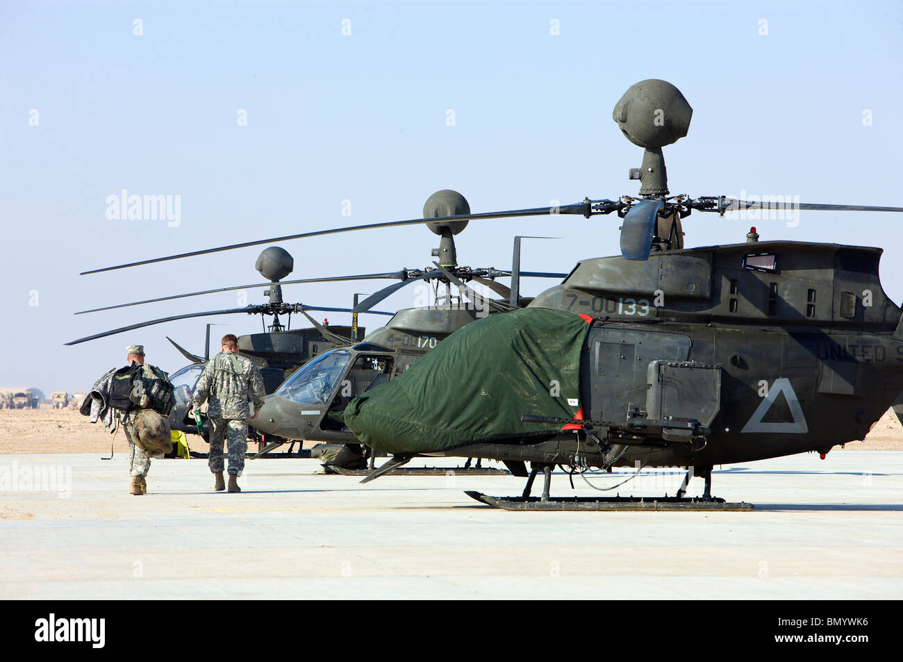 OH-58D Kiowa Warrior helicopters parked at Camp Speicher, Iraq Stock ...