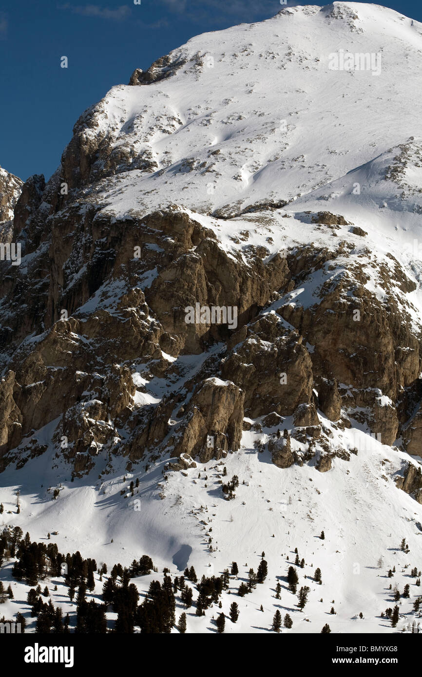 Sasso Piatto Plattkofel Sasplat snow field and cliffs Selva Val Gardena ...