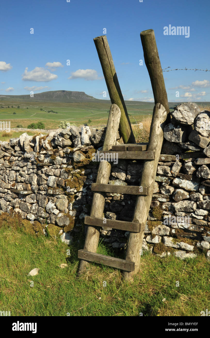 A stile over a drystone wall, with Pen-y-ghent in the background ...