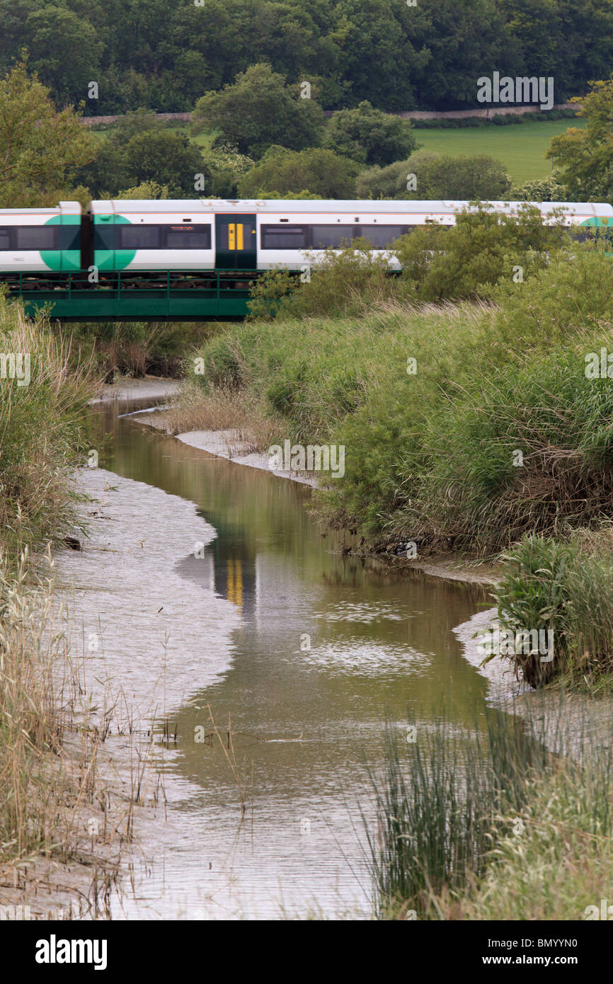 train crossing field bridge with low water level in brook below Stock ...