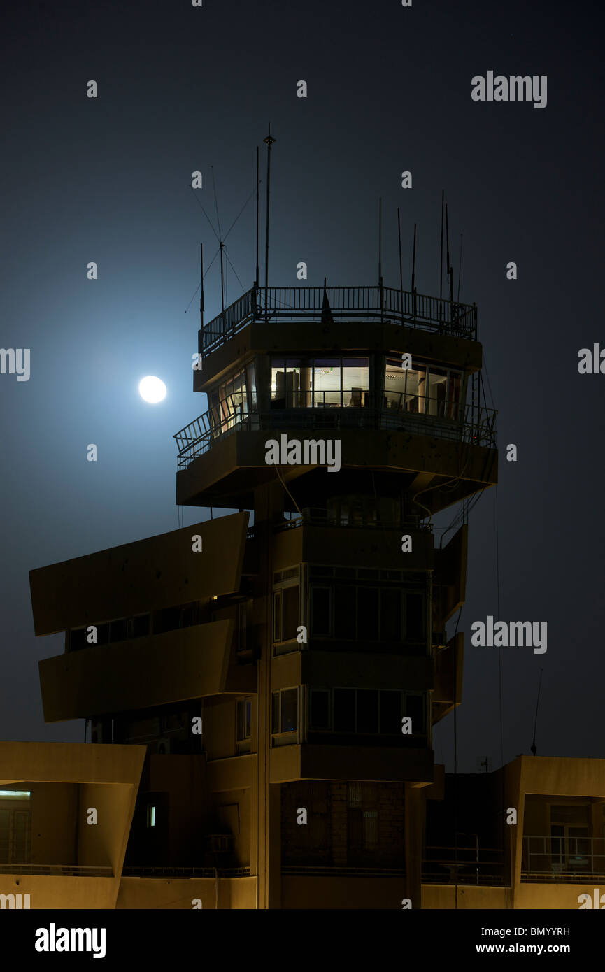 COB Speicher control tower under a full moon Stock Photo - Alamy