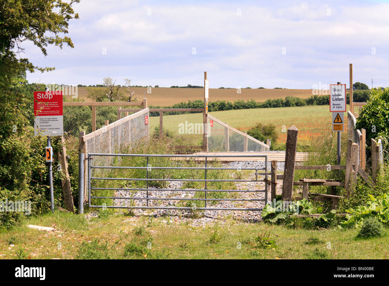 Unmanned pedestrian and farm railway crossing with stile and warning ...