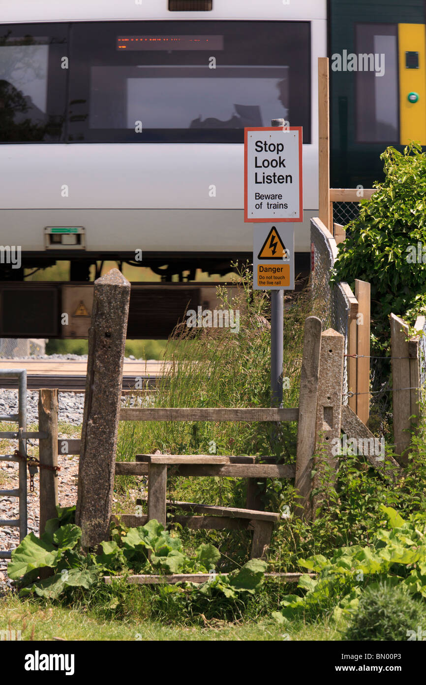Unmanned pedestrian railway crossing stile with warning signs and ...