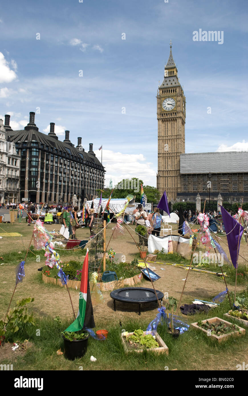 Peace camp (Democracy Village) in Parliament square with Big Ben in the ...