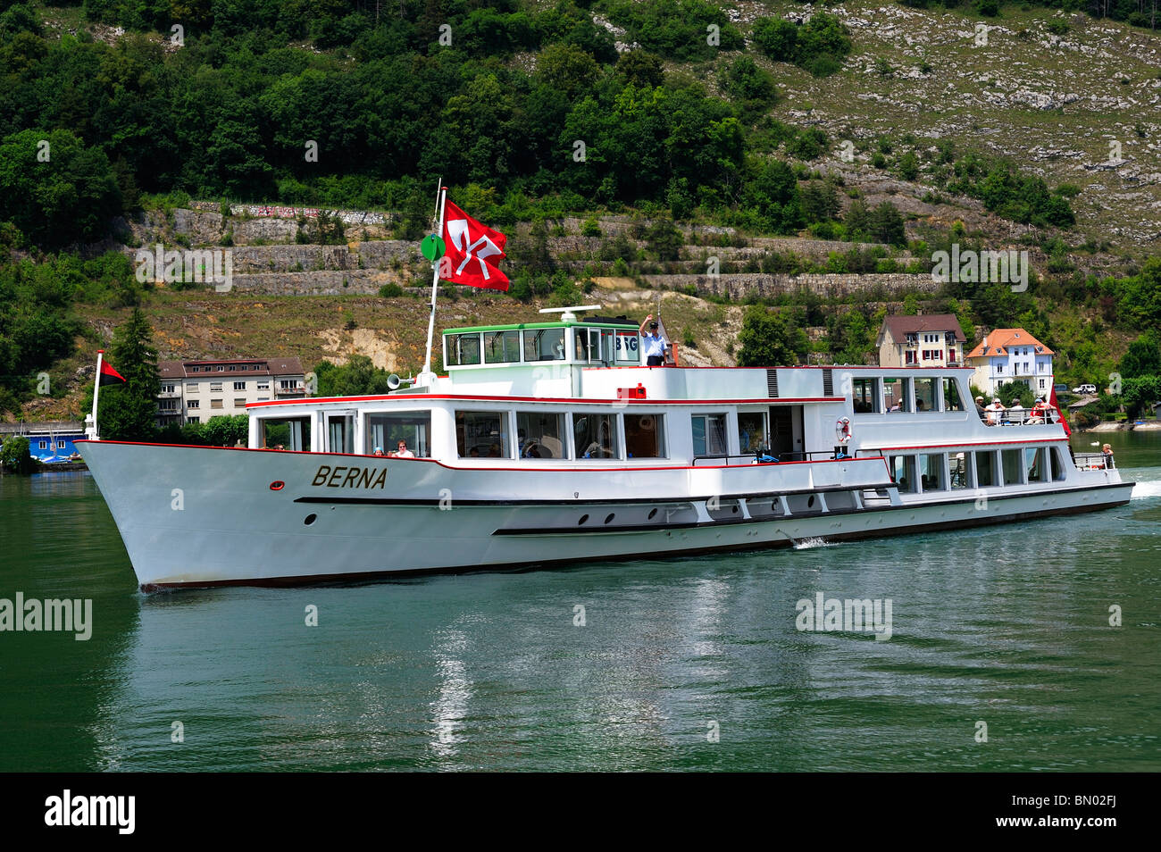 The Swiss lake cruiser Berna setting out from the port at Biel (Bienne ...