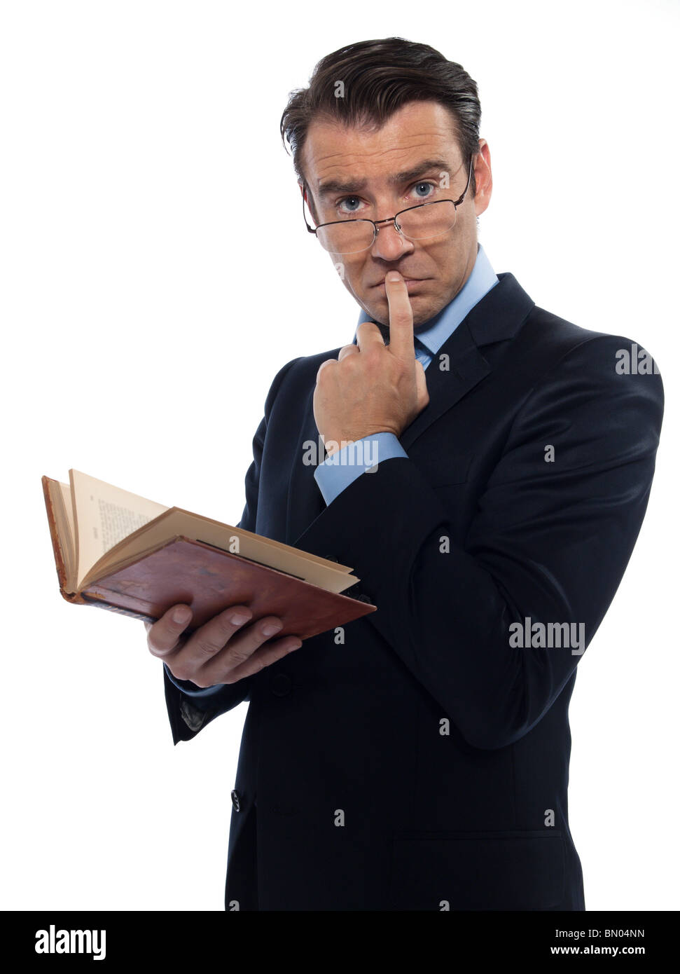 man caucasian teacher professor reading holding ancient book thinking ...