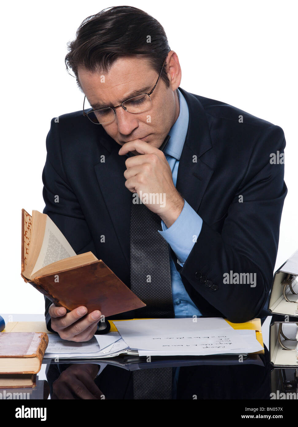 man caucasian teacher professor reading concentrated isolated studio on ...