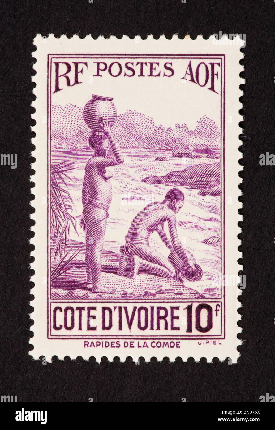 Postage stamp from the Ivory Coast depicting native village women ...