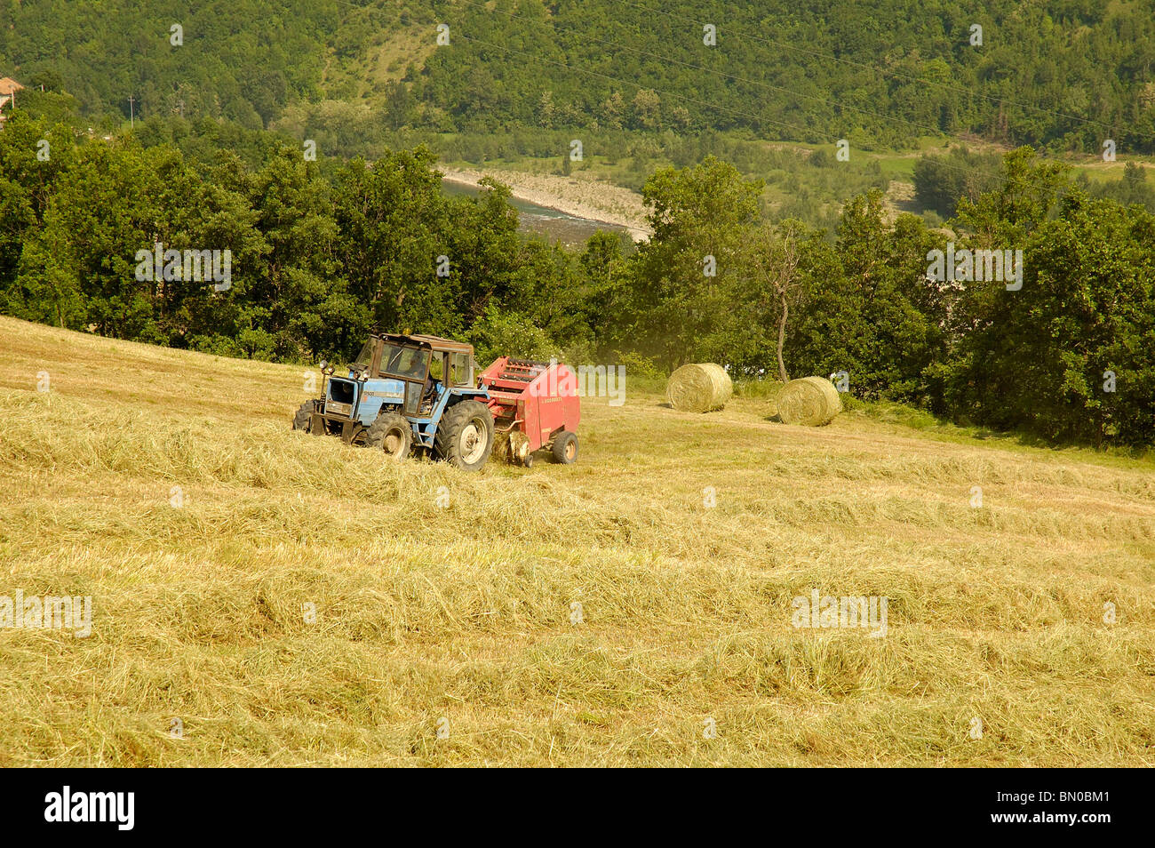 Tractor in hay field, Italy Stock Photo - Alamy