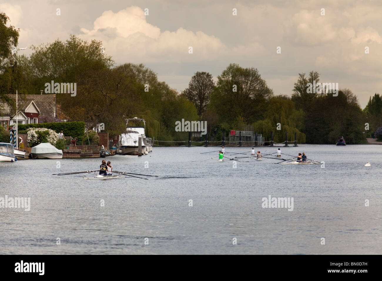 club outing of one and two person skulls rowing together on the River ...
