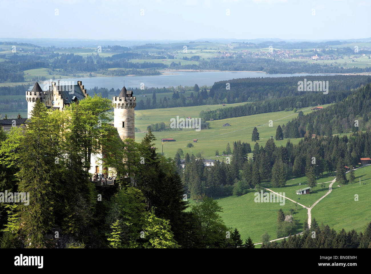 Wide view of Neuschwanstein Castle and the valley, Bavaria, Germany ...