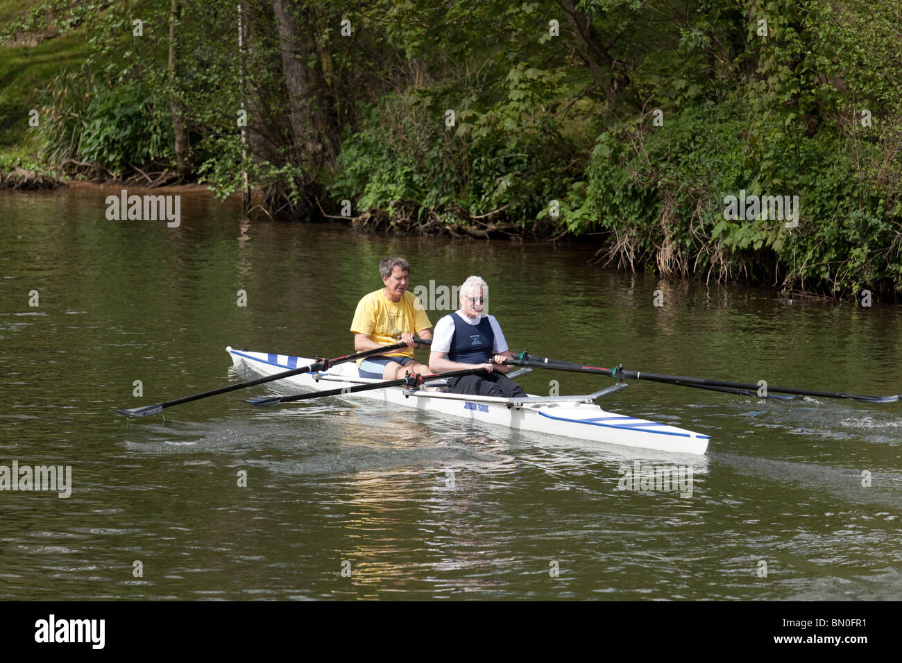 two middle aged men rowing in two man skull Stock Photo - Alamy