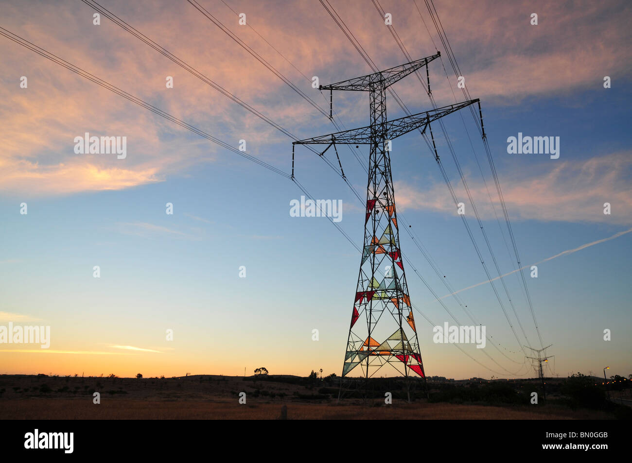 Israel, Negev Desert. High voltage power line pylon at sunset Stock ...