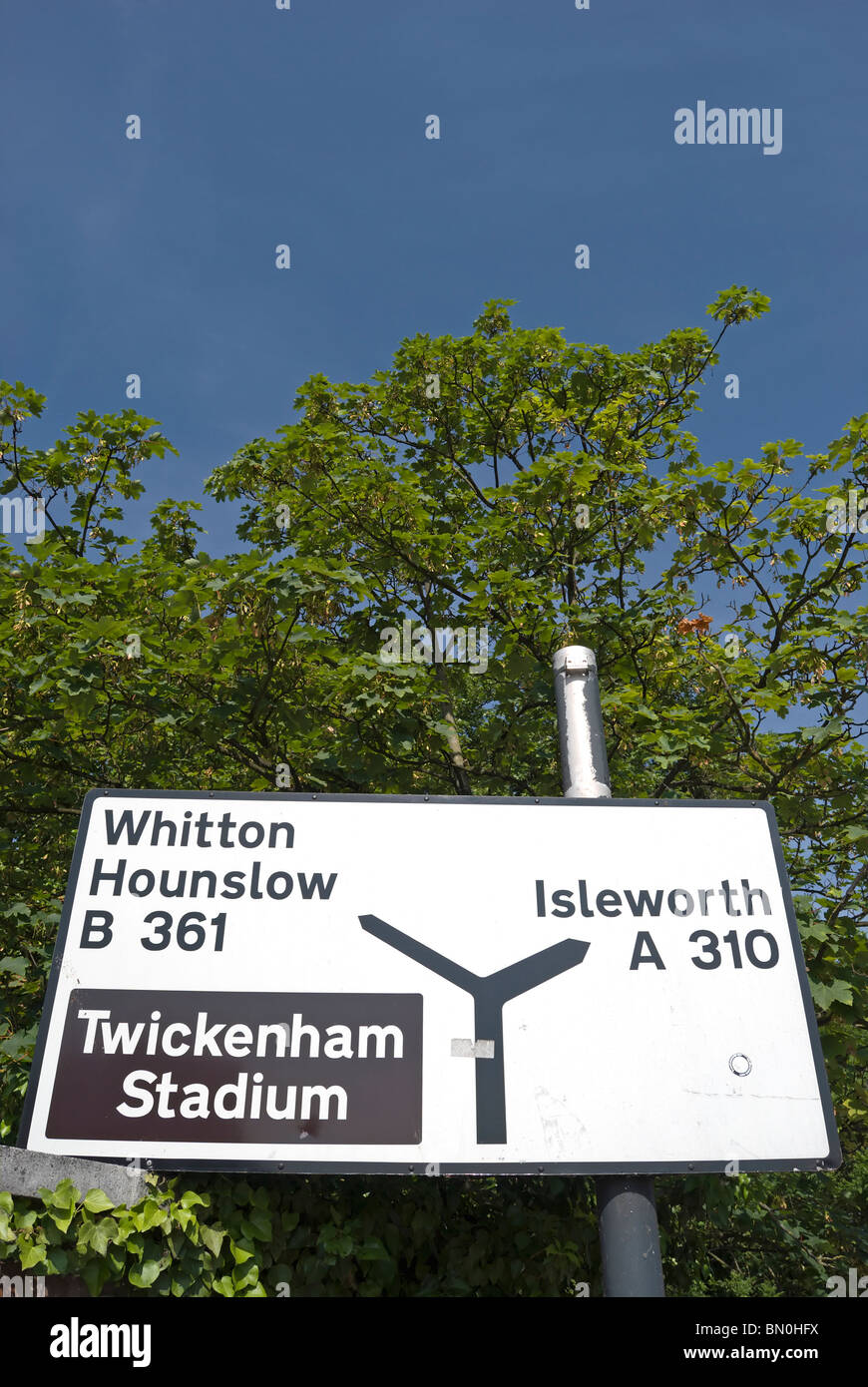 british road sign giving directions for twickenham stadium, whitton ...