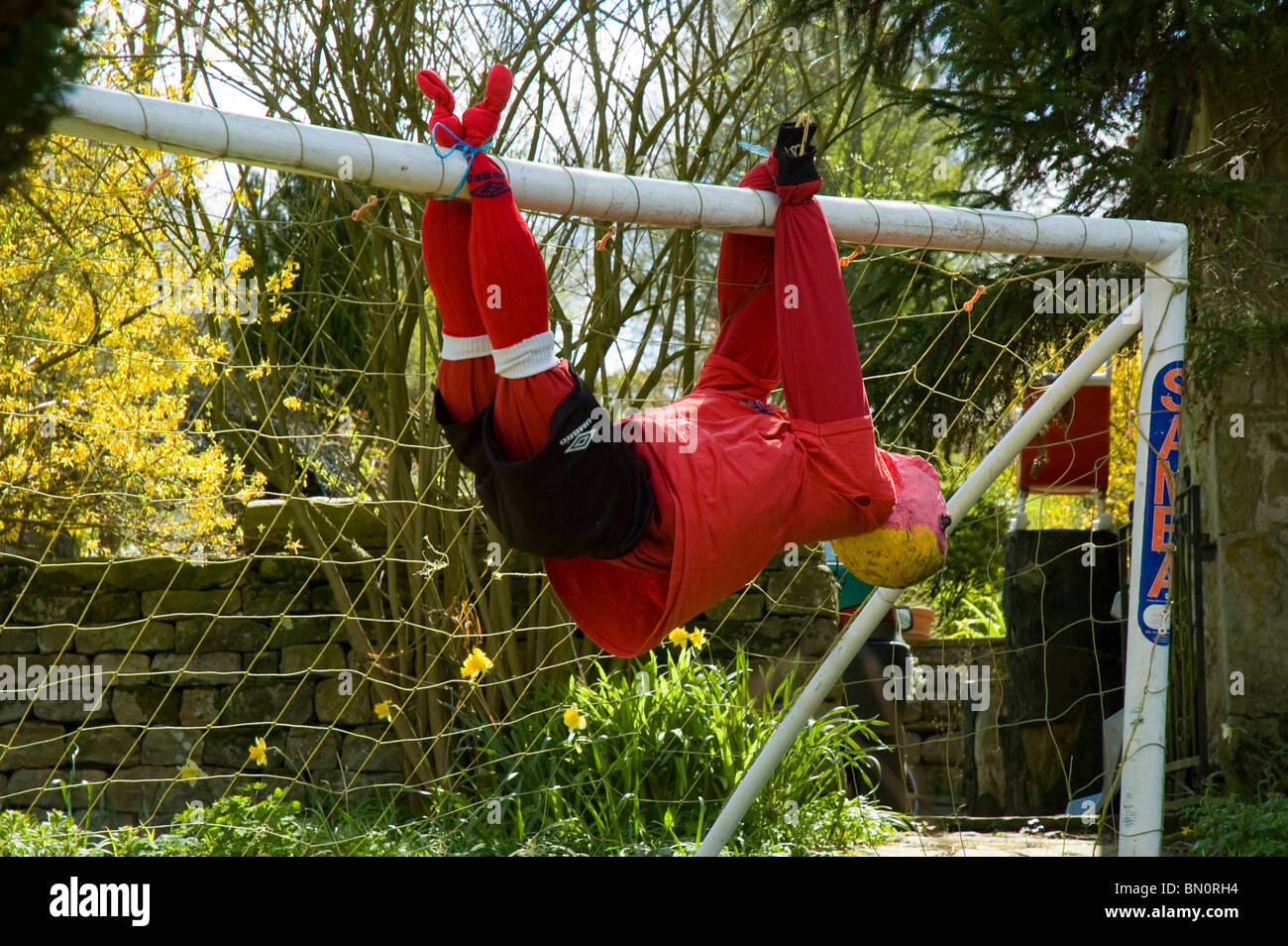 A football goal keeper. An exhibit at the Wray Scarecrow Festival, in ...