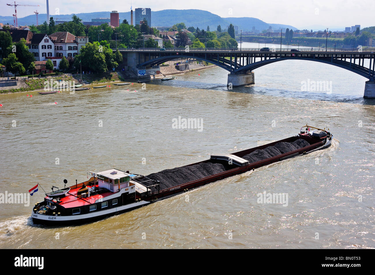 A Dutch coal barge going up the Rhine at Basel, Switzerland Stock Photo ...