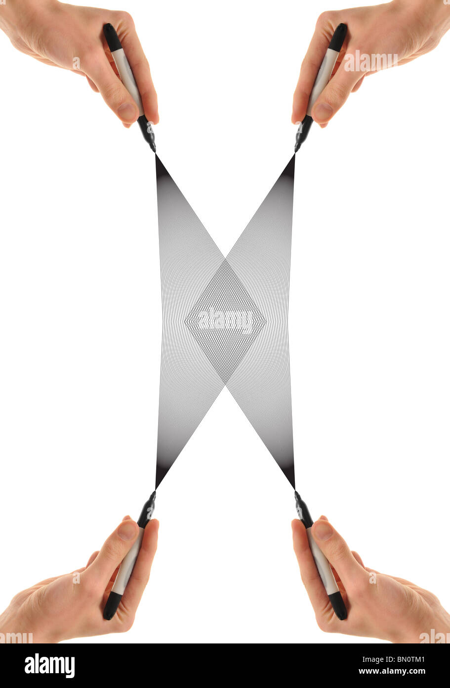 Abstract perfect straight lines drawn by a hand on pure white ...