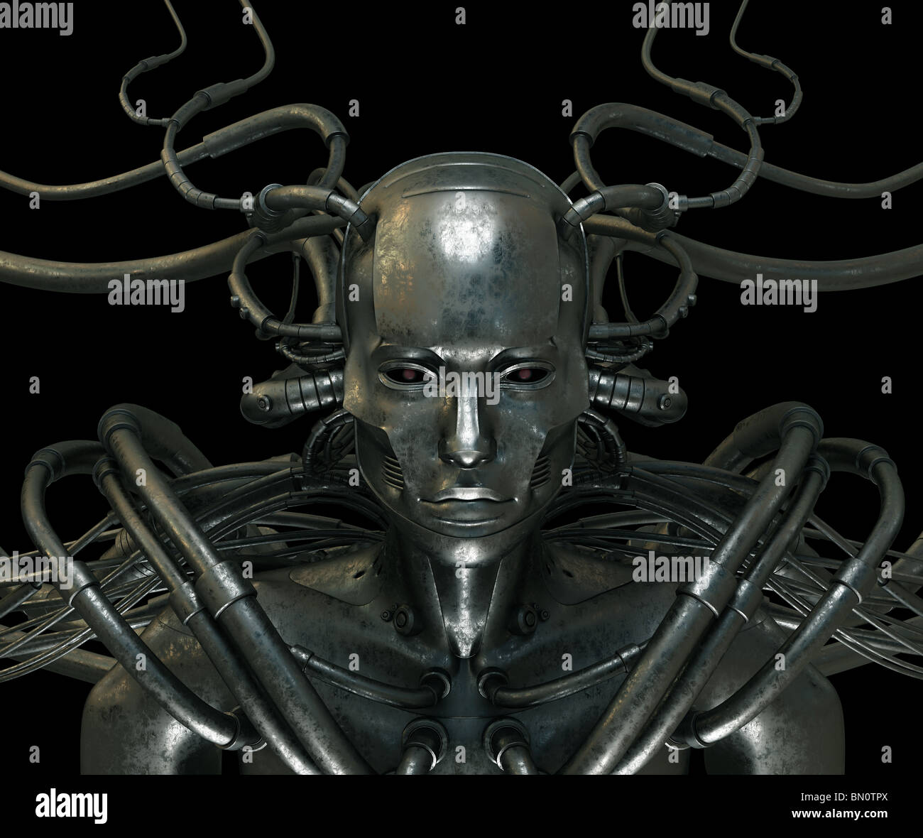 Cyber steel wired man isolated on black Stock Photo - Alamy