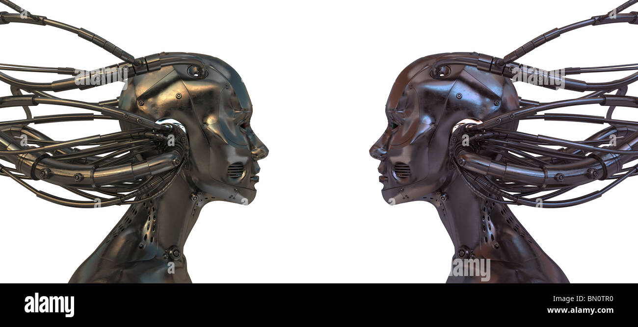 Two Connected Robots in profile isolated on white background Stock ...