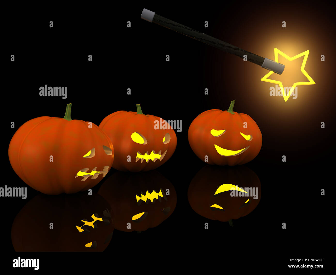 three halloween pumpkins with magic wand. 3d Stock Photo - Alamy