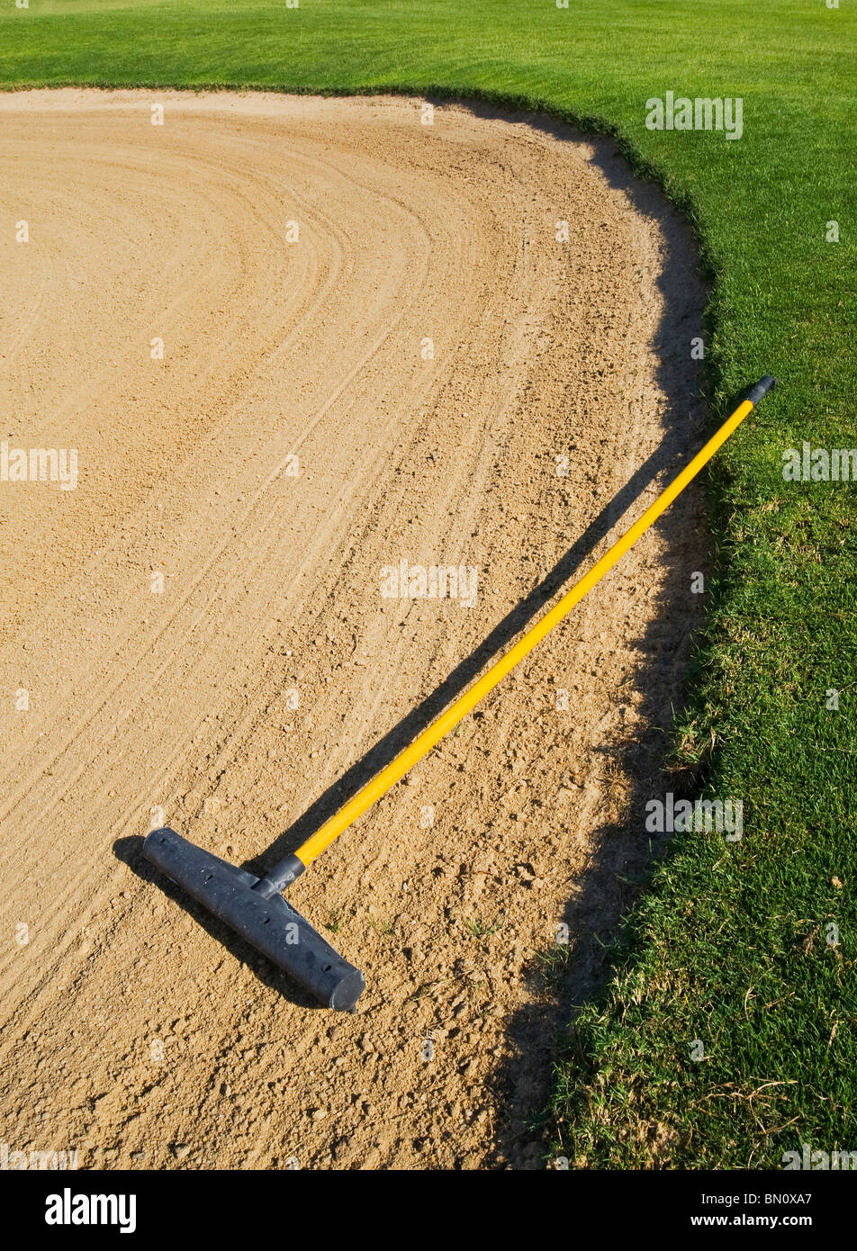 A rake lying in the bunker of a golf course Stock Photo - Alamy