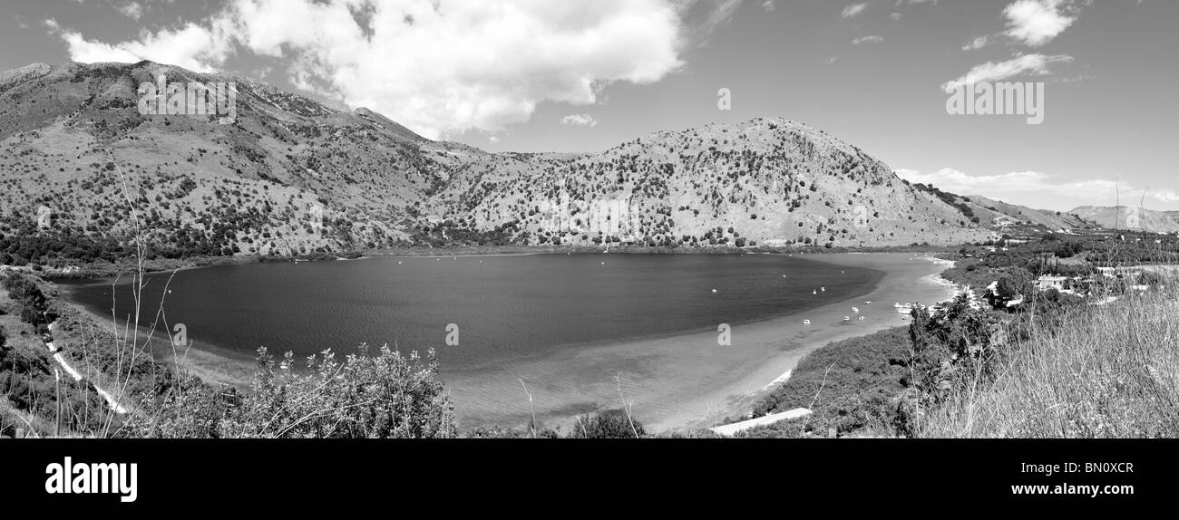 Panoramic view of Lake Kournas, Crete, the only permanent freshwater ...