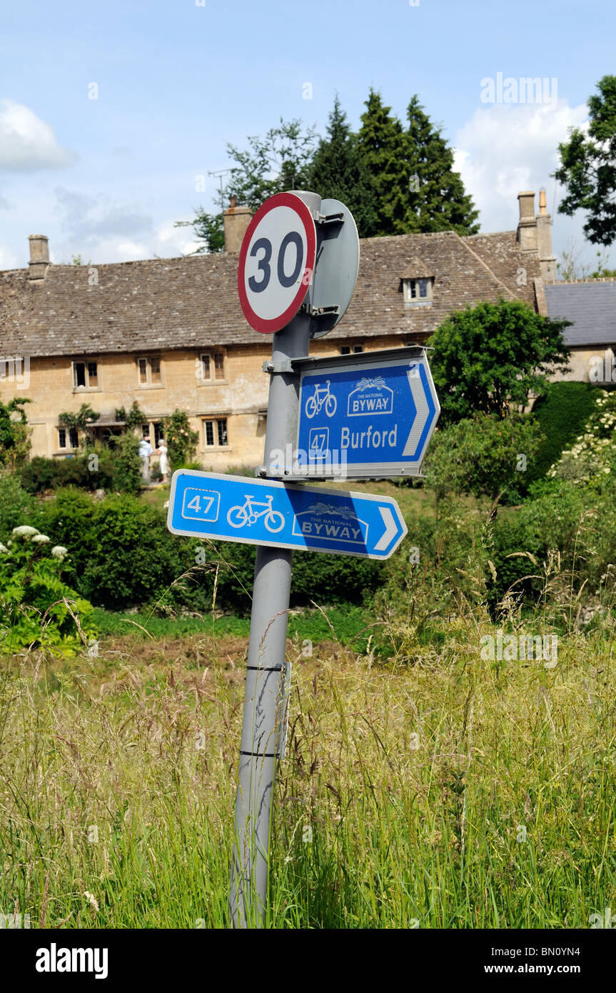 National byway blue road sign pointing to Burford seen here on a ...