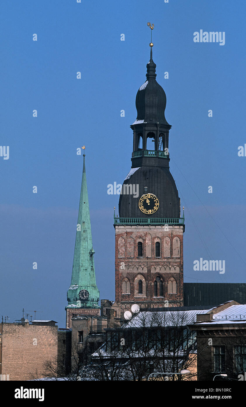 Latvia,Riga ,St. Peter's Church,from Akmens Bridge on Daugva River,Old ...