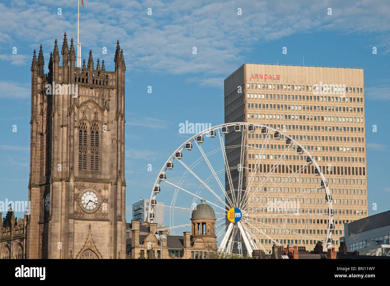 Manchester skyline.Manchester Cathedral,The Big Wheel and the Arndale ...