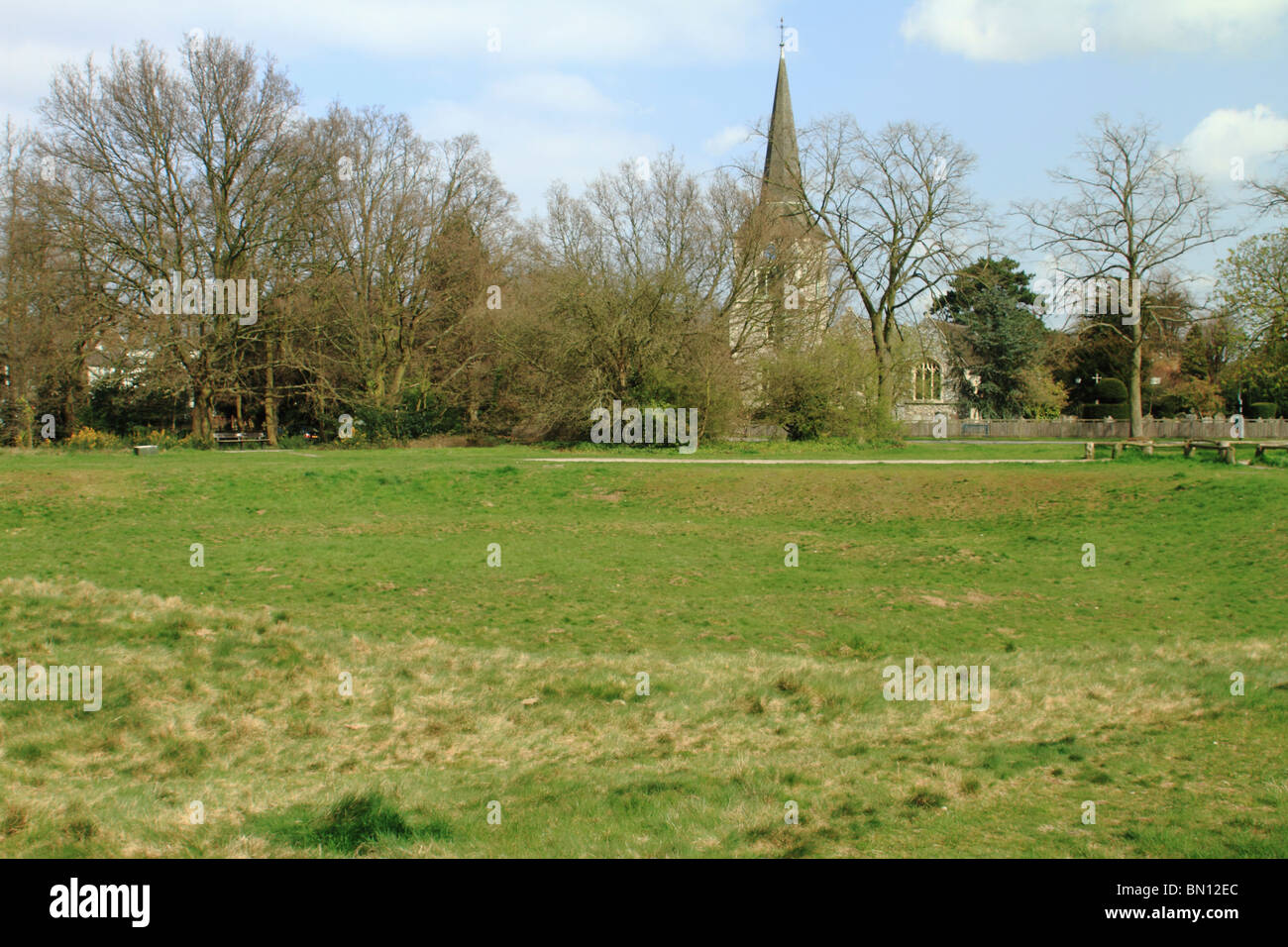 The cockpit on Chislehurst common with St Nicholas church, Kent, UK ...