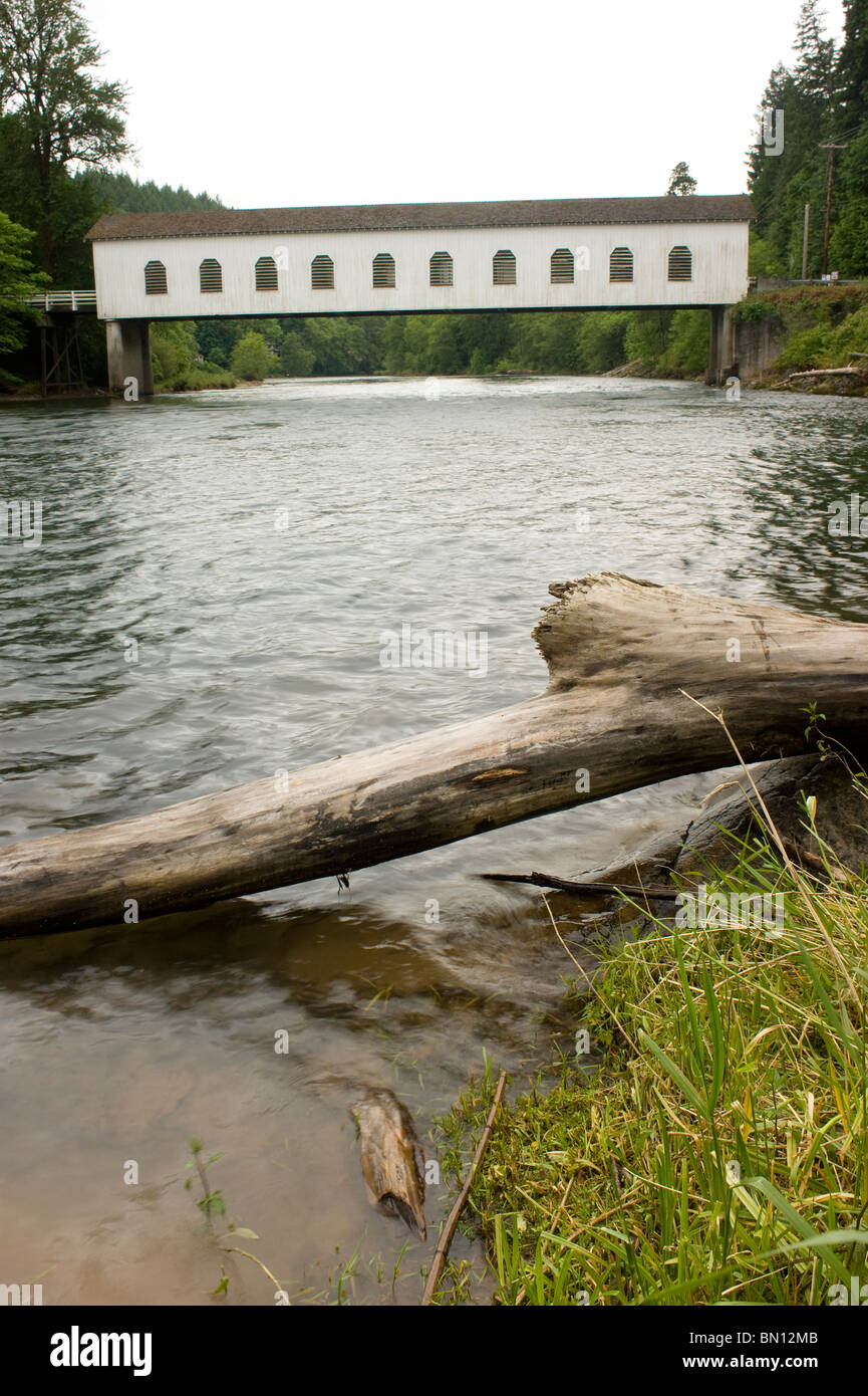 Covered Bridge and Log over the McKenzie River Oregon State North ...