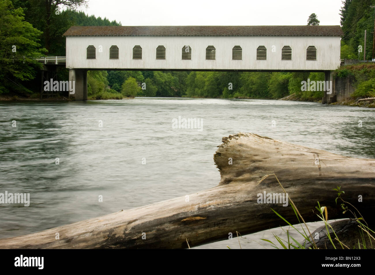 Covered Bridge and Log over the McKenzie River Oregon State North ...