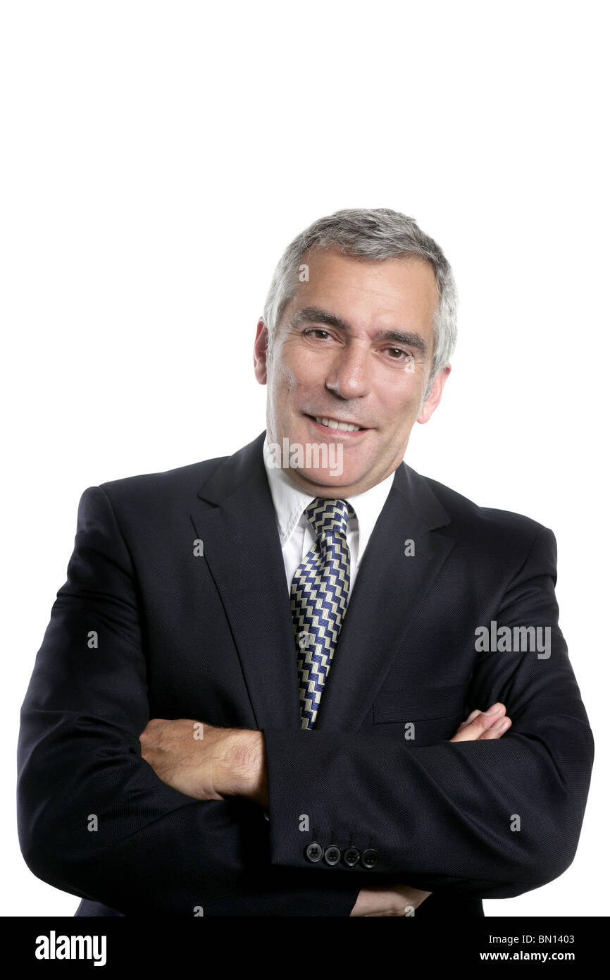 happy senior businessman smiling gray hair black suit white background ...