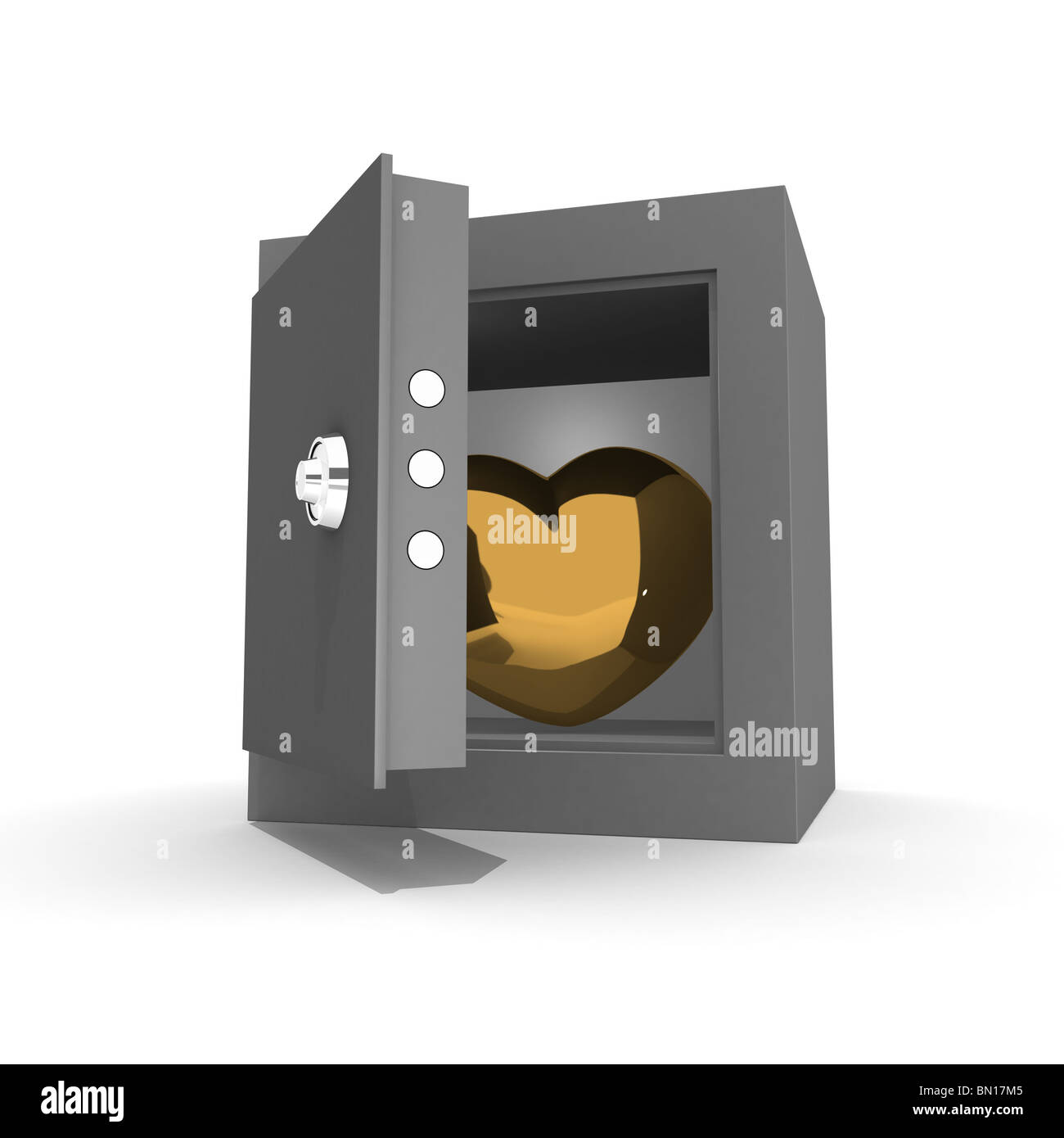 Three-dimensional model. A figure of gold heart in the metal safe Stock ...