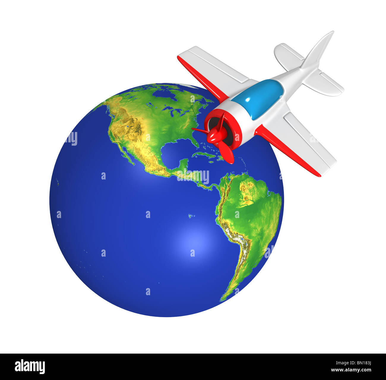 The three-dimensional model - the toy plane flies above the Earth Stock ...