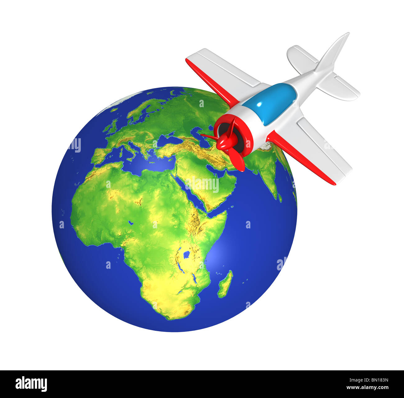 The three-dimensional model - the toy plane flies above the Earth Stock ...