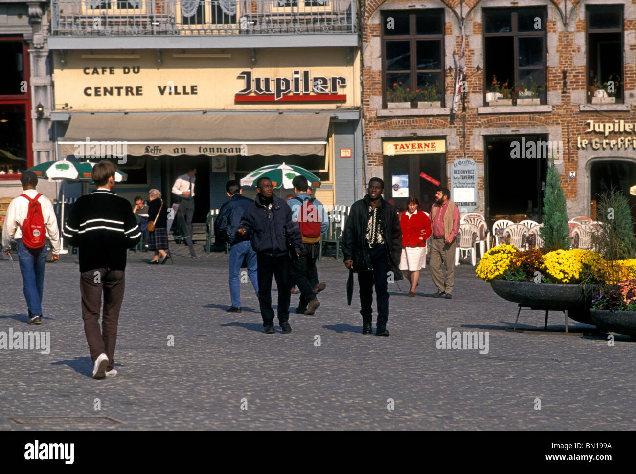 Belgian people walking in Grand Place city of Mons Walloon Region ...