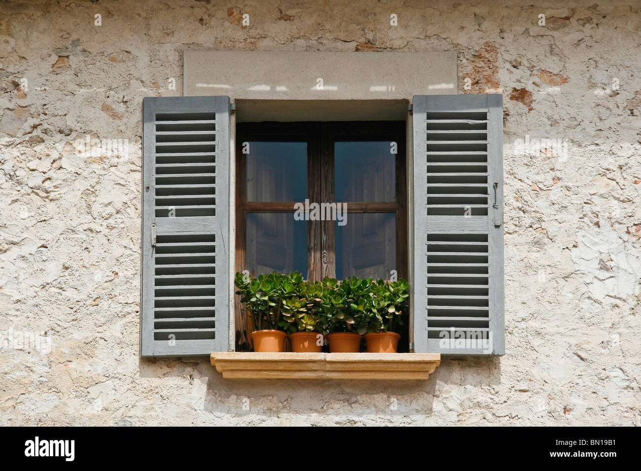 Traditional Rustic Wooden Shutters Window Mallorca Stock Photo - Alamy